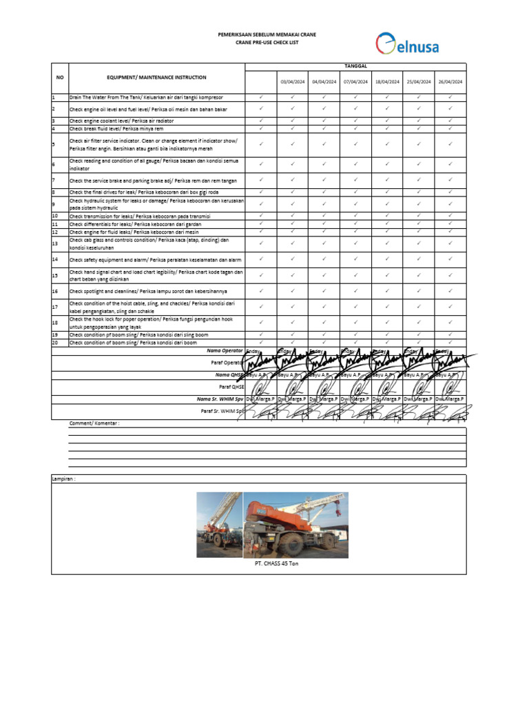 04.01 April 2024 Inspeksi Pre-Use Crane | PDF