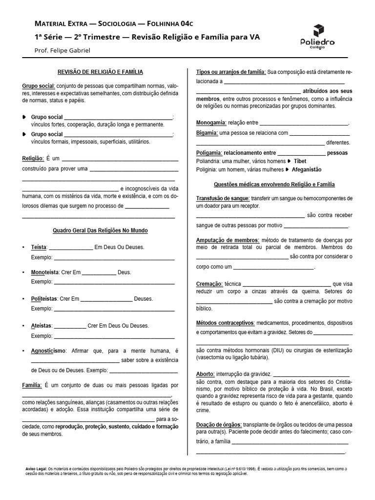 Sociologia - 04c - Folhinha - Revisão Religião e Família para VA | PDF | Família | Aborto