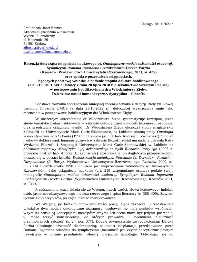 Recenzja Prof J Bremer | PDF