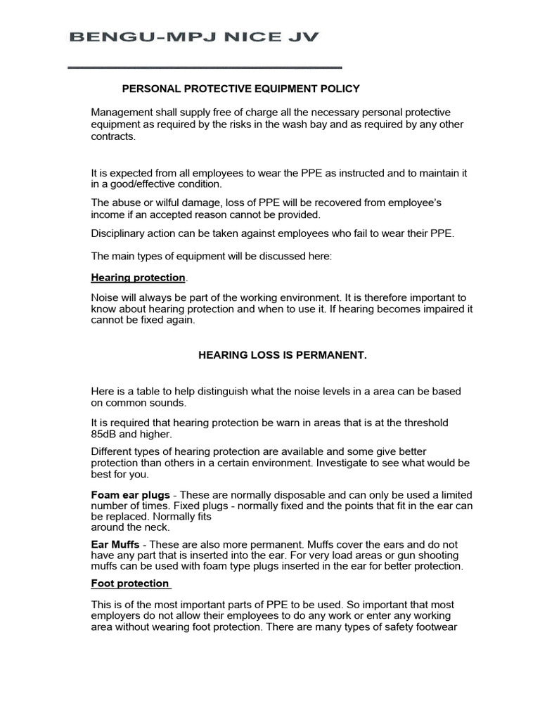 Personal Protective Equipment Policy | PDF | Working Conditions ...