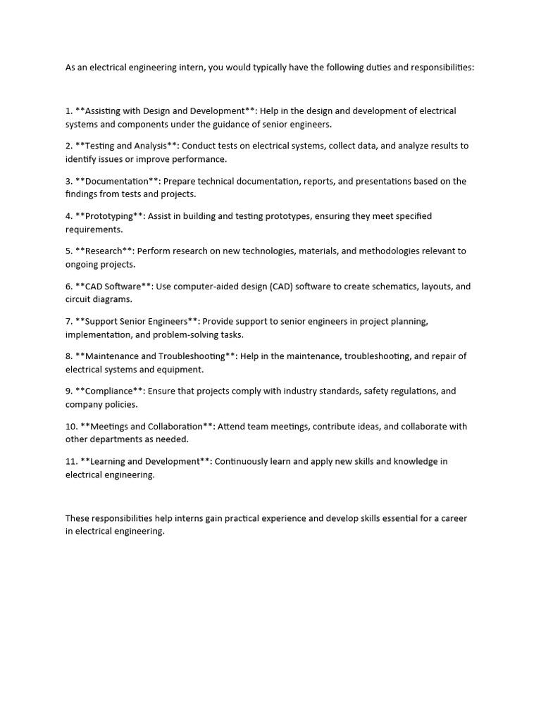 Electrical Engineering Internship Duties | PDF