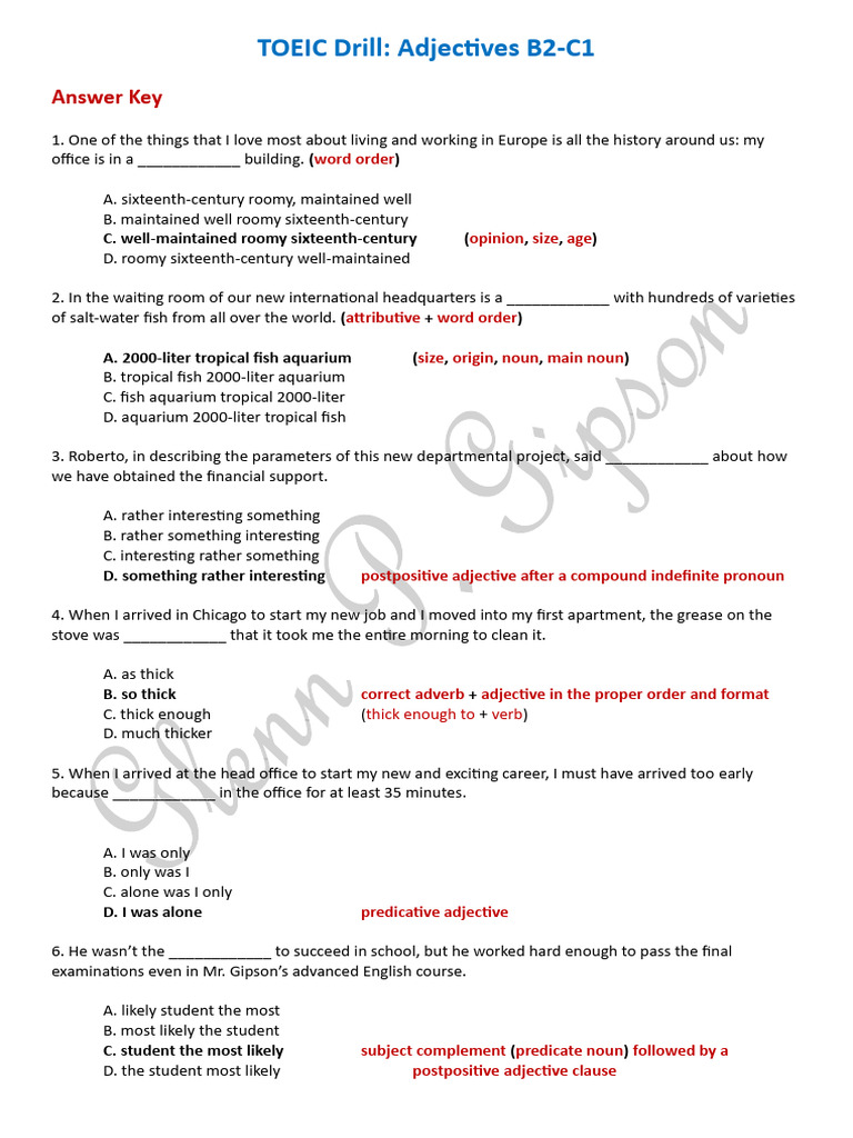 TOEIC Drill Adjectives B2-C1 Answer Key | PDF | Adjective | Adverb