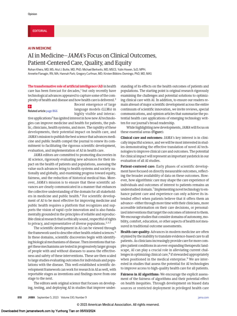 AI in Medicine-JAMA's Focus On Clinical Outcomes | PDF | Artificial ...