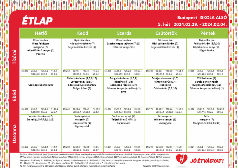 2024-05-Hét Étlap - Iskola Menü | PDF