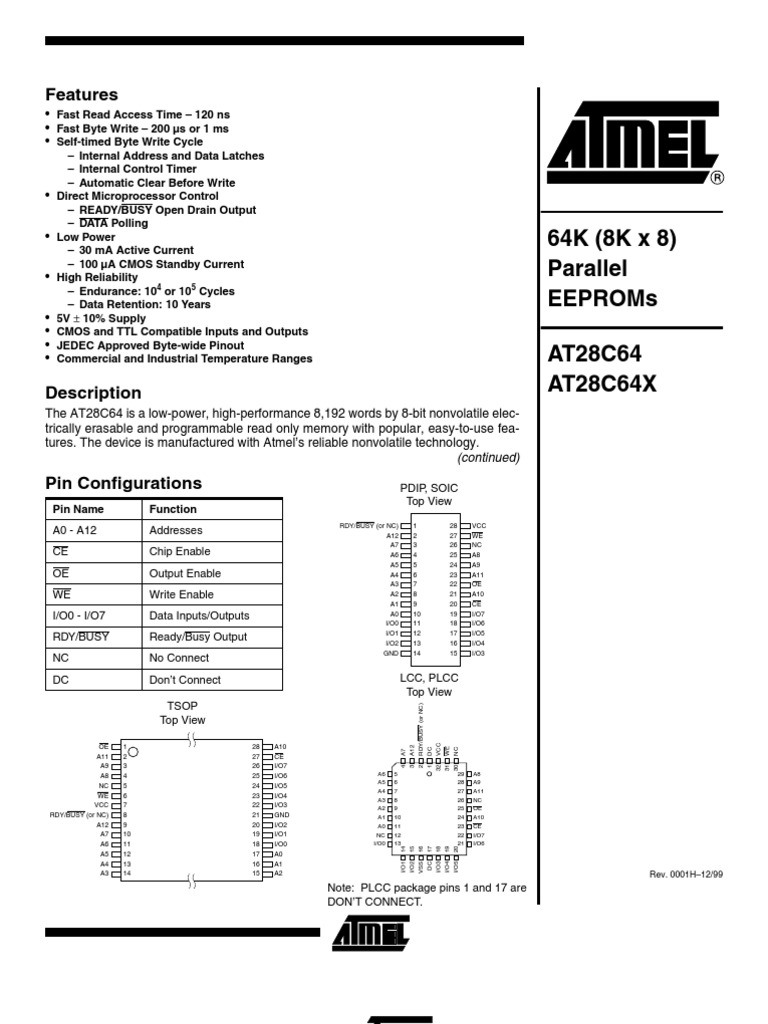 64K (8Kx8) Parallel Eeproms AT28C64 AT28C64X: Features | PDF