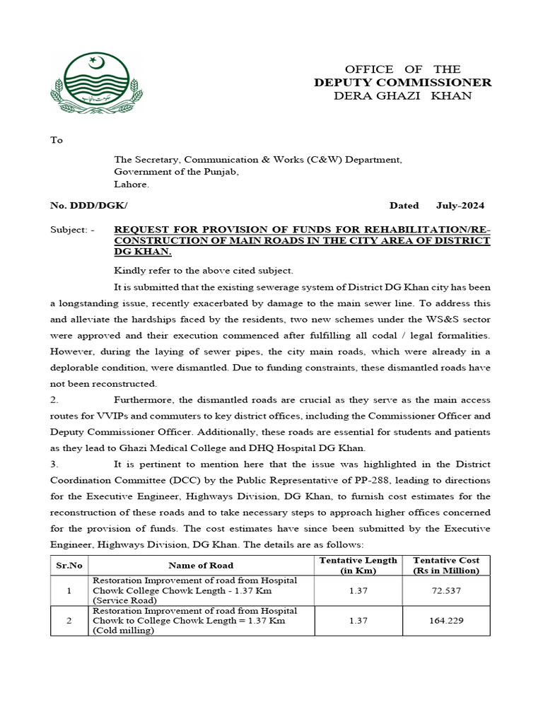 Letter To Secretary C&W For Provision of Funds | PDF | Hydraulic ...
