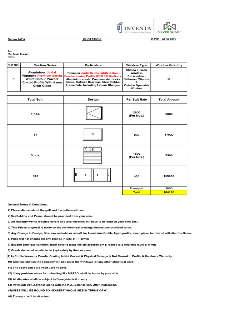 Aluminium windows Quotation (Jindal) | PDF | Window | Scaffolding