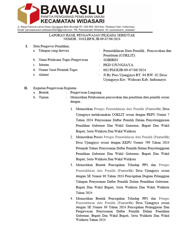 LHP Pengawasan Coklit Pantarlih Desa Ujungjaya | PDF