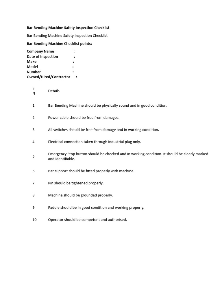 Bar Bending Machine Safety Inspection Checklist | PDF | Home & Garden
