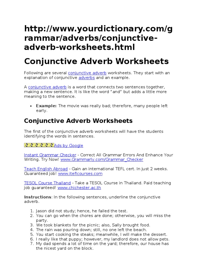 Conjunctive Adverb Worksheet