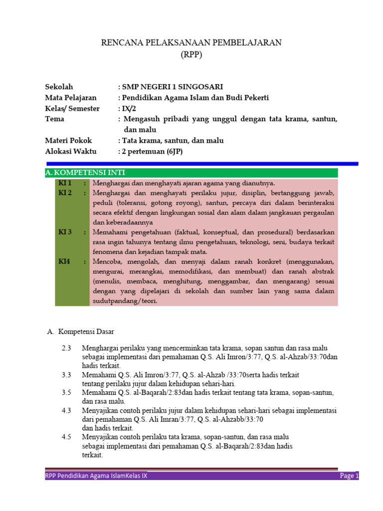 RPP Agama Islam: Jujur, Santun, Malu | PDF | Karier & Perkembangan | Sains & Matematika