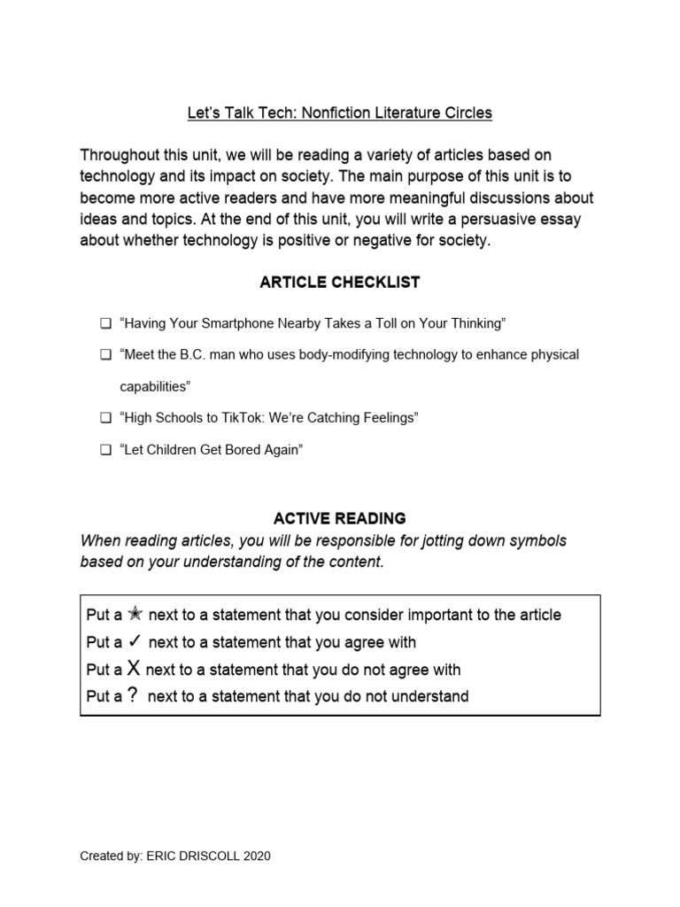 Full Unit - Non-Fiction Technology Literature Circles + Persuasive ...