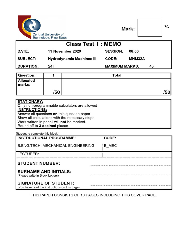 class Test 1_MHM_ver 2 | Download Free PDF | Pump | Turbomachinery