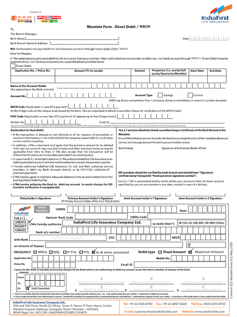 NACH Mandate Authorization Form | PDF | Debit Card | Insurance