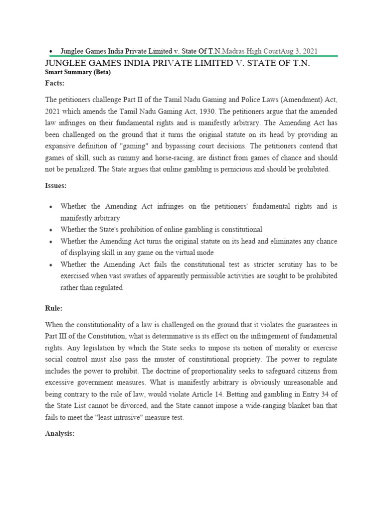 GAMING JUDGEMENT Junglee Games India Private Limited V | PDF | Gambling ...