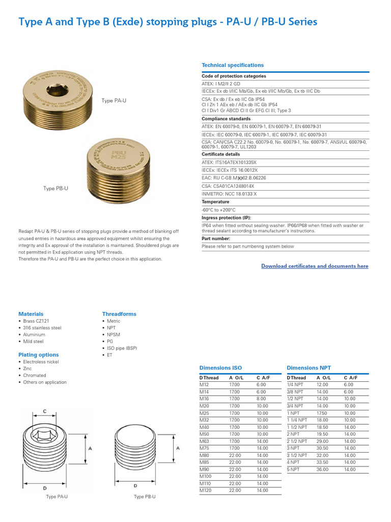 Eaton Redapt Stopping Plugs Pau Pbu Datasheet en Us | PDF | Metalworking | Plumbing