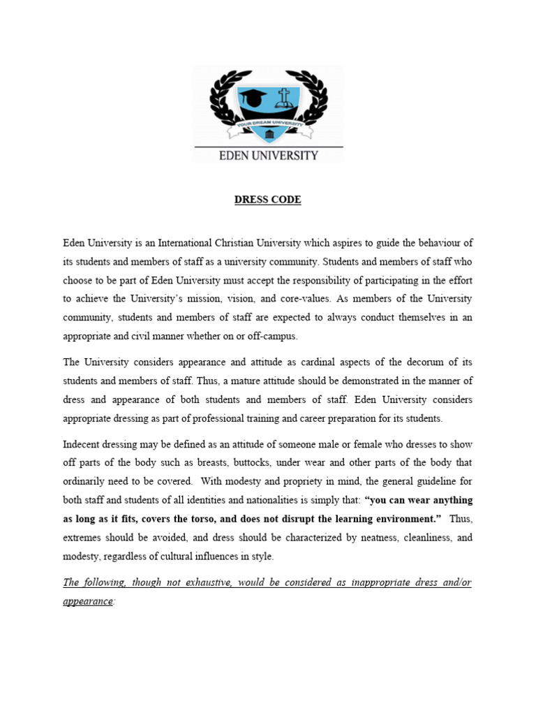 Eden University Dress Code Guidelines | PDF | Clothing | Modesty