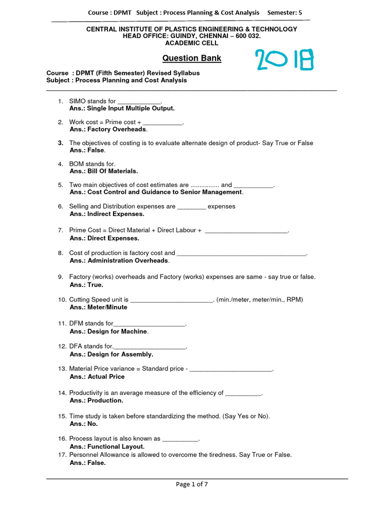 QB-DPMT V - Process Planning & Cost Analysis | PDF | Cost | Cost Accounting