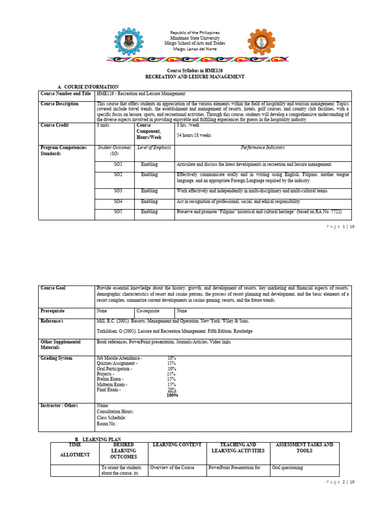 Recreation and Leisure Management Syllabus | PDF | Strategic Management ...