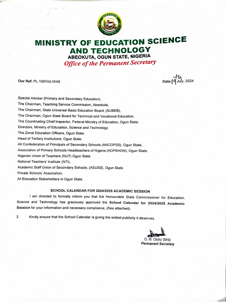 Ogun School Calendar, 2024 - 2025 Academic Calendar | PDF