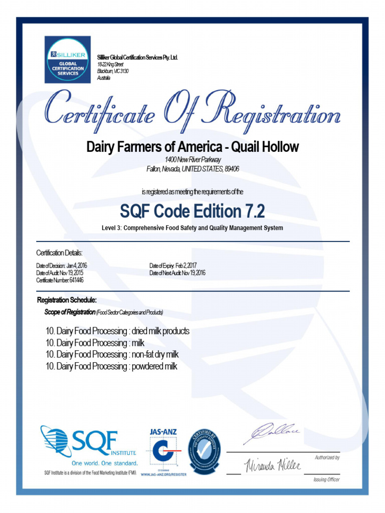DFA Fallon SQF Certificate Exp 2-2-17 | PDF