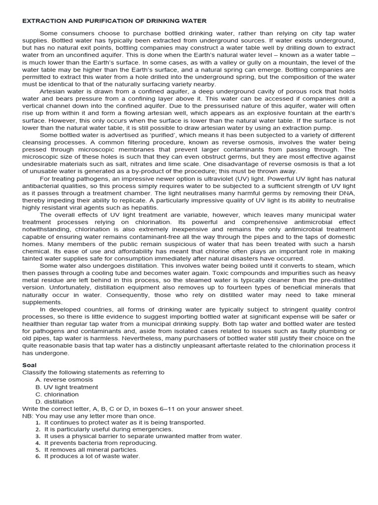 Extraction and Purification of Drinking Water Soal Ielts Reading | PDF ...