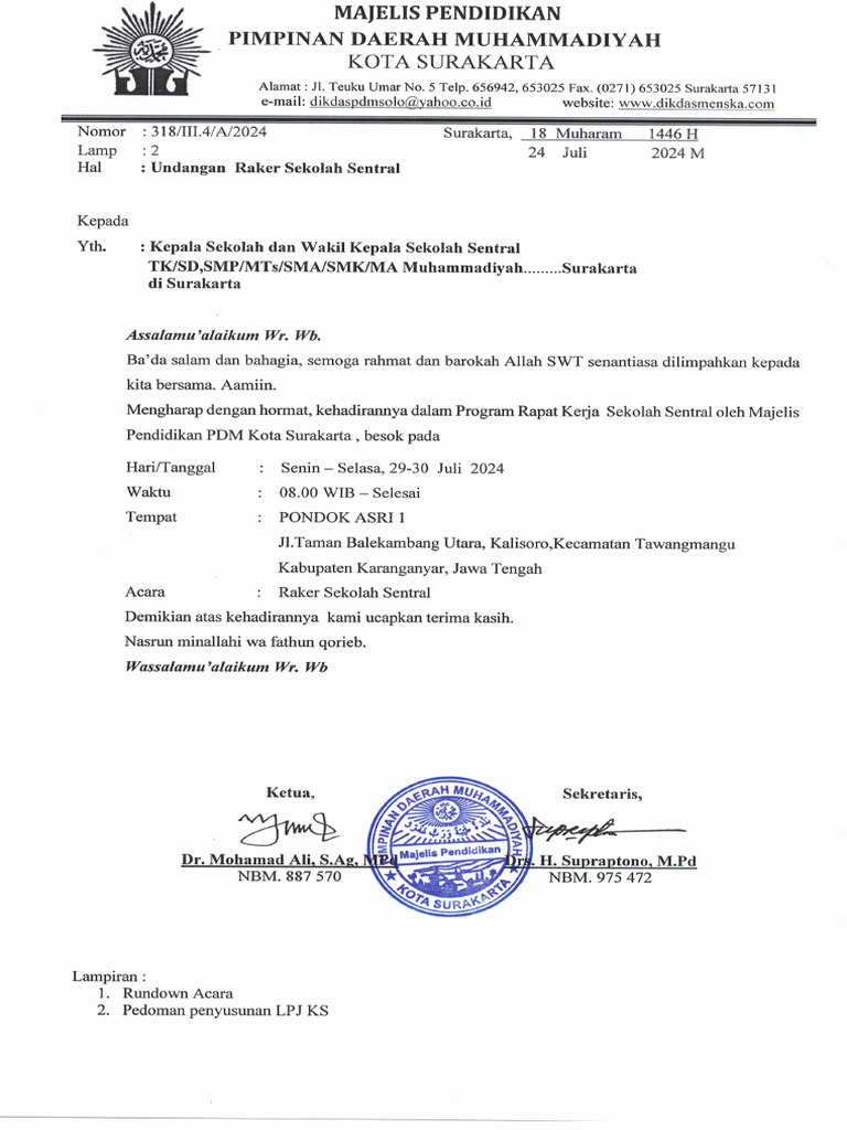 UNDANGAN RAKER SEKOLAH SENTRAL 29 - 30 Juli 202407242024 | PDF
