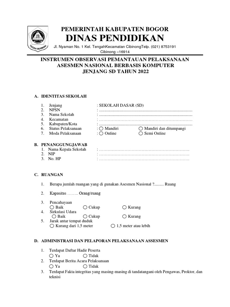 Instrumen Pemantauan ANBK SD 2022 | PDF