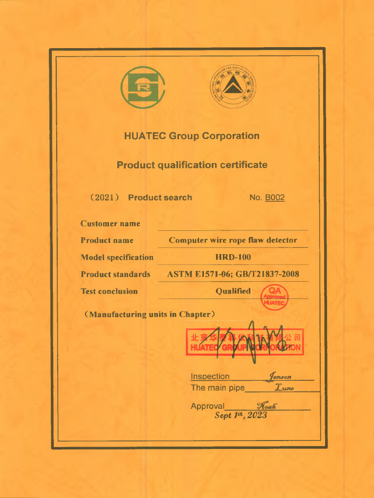 SERTIFIKAT WIRE ROPE HUATEC-B002-20021901- 30 mm (SEPT 2023 - SEPT 2024) | PDF | Electrical ...