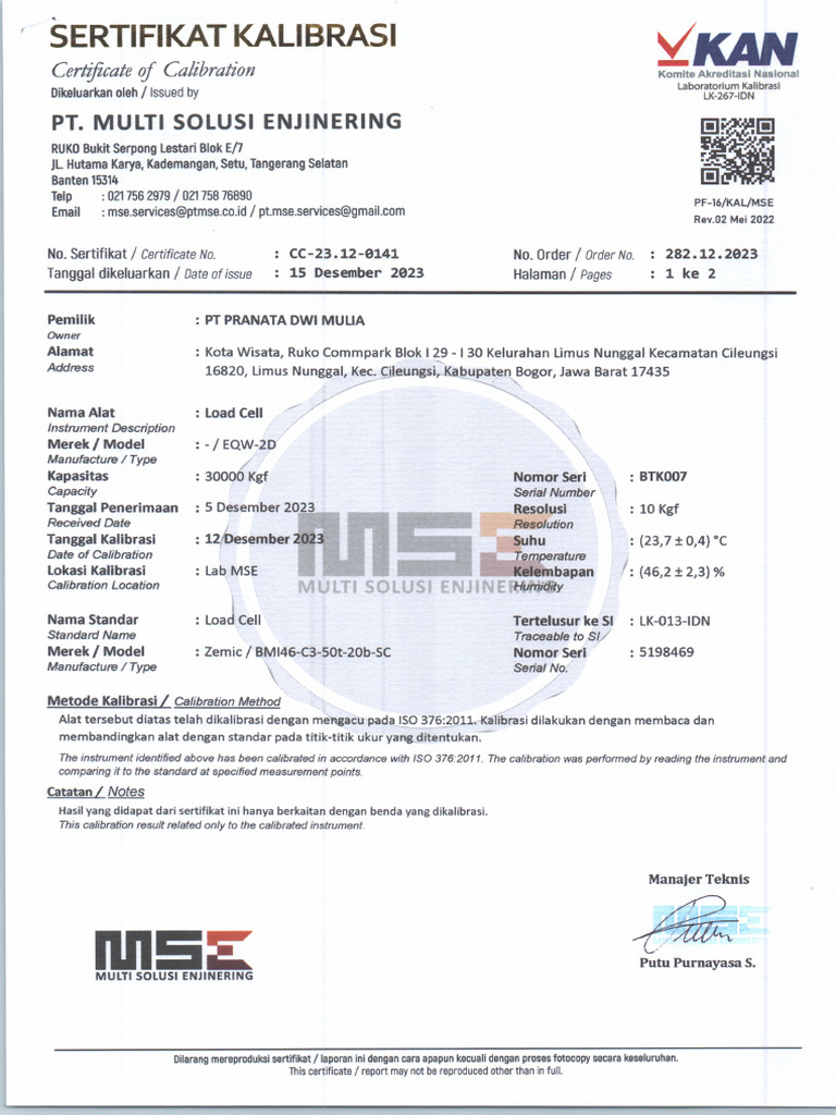 Sertifikat Load Cell 30 T (Des 2023 - Des 2024) | PDF