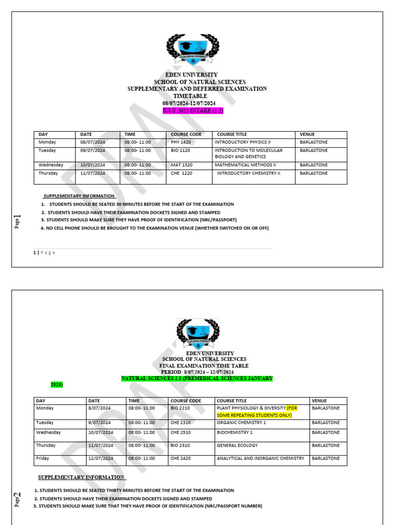 July 2024 Sup & Def Examination Time - Table | PDF | Natural Sciences ...