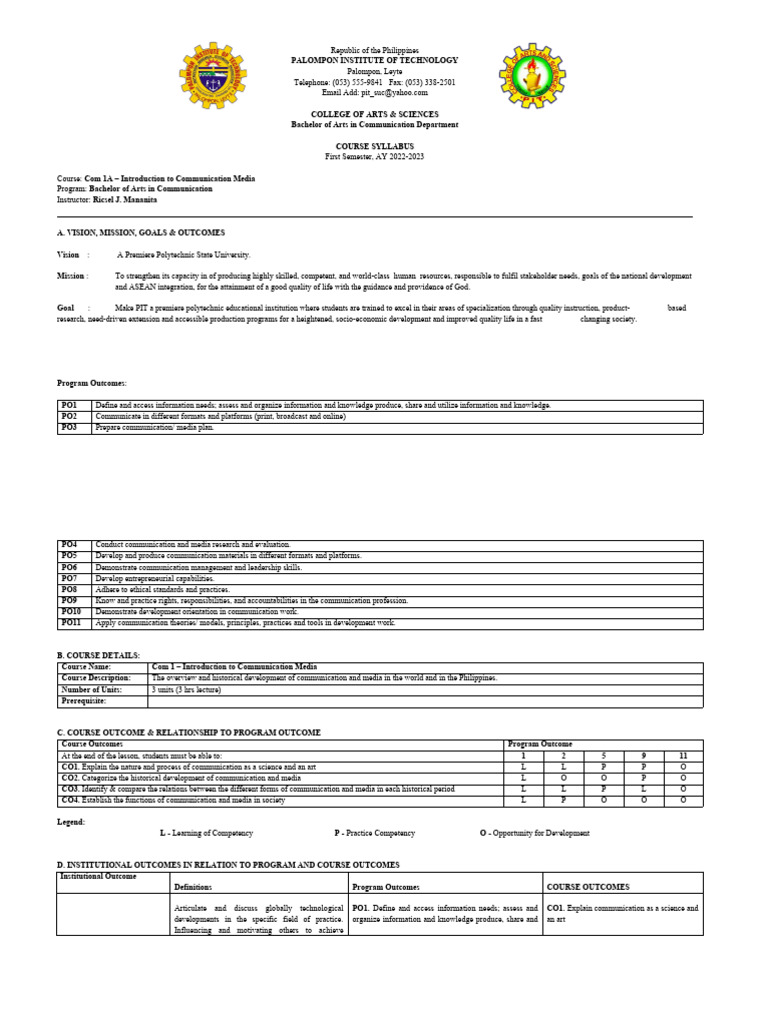 Com1A - Intro To Comm Media Syllabus | PDF | Communication | Information