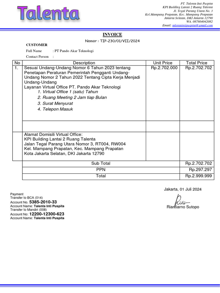 Invoice Layanan Virtual Office 2024 | PDF