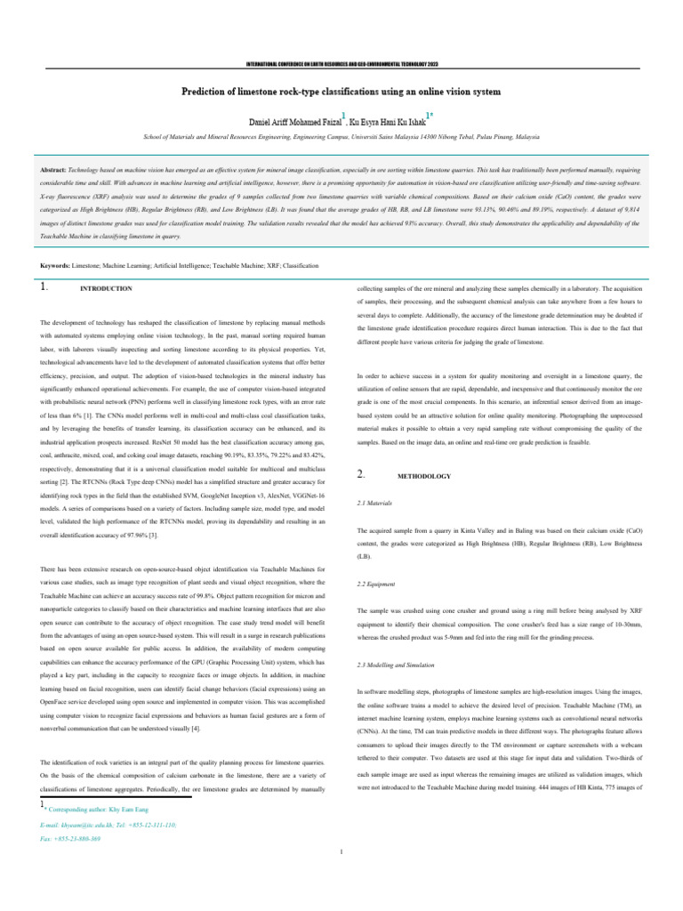 Extended Abstract Mineral Processing Prediction of limestone rock-type classifications using an ...