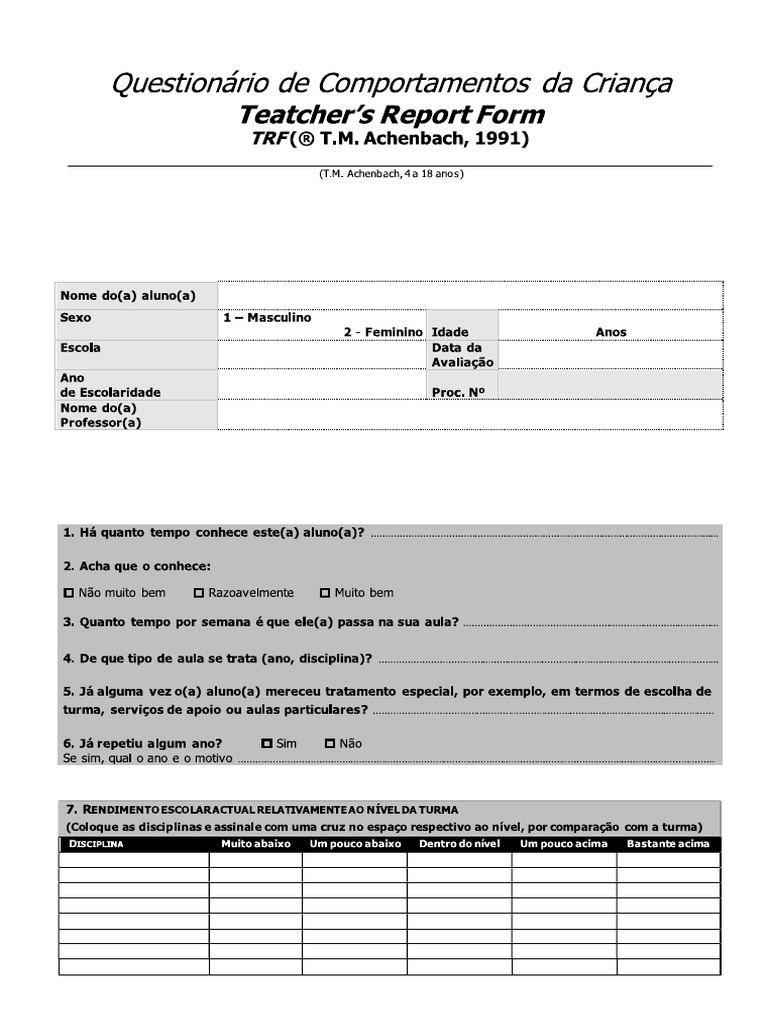 Escala CBCL TRF - Professores Atualizada | PDF