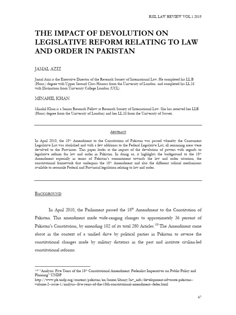 The Impact of Devolution On Legislative Reform Relating To Law and Order in Pakistan | PDF ...