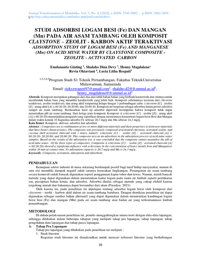 Studi Adsorbsi Logam Besi (Fe) Dan Mangan (MN) Pada Air Asam Tambang ...