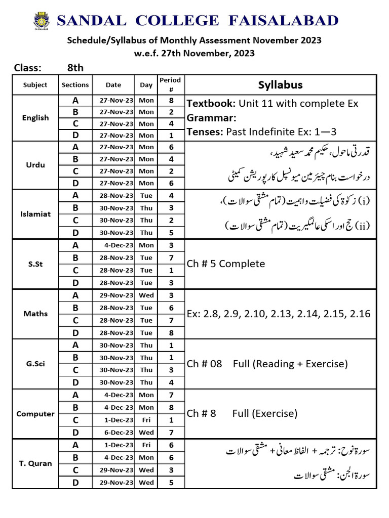 Schedule of Monthly Assessment April 2023 Class 8th | PDF | Linguistics ...