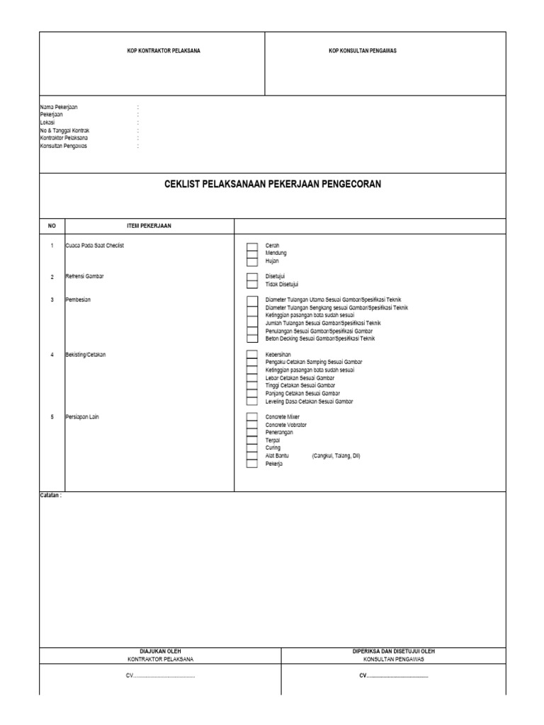 Format Ceklist Pekerjaan Pengecoran | PDF