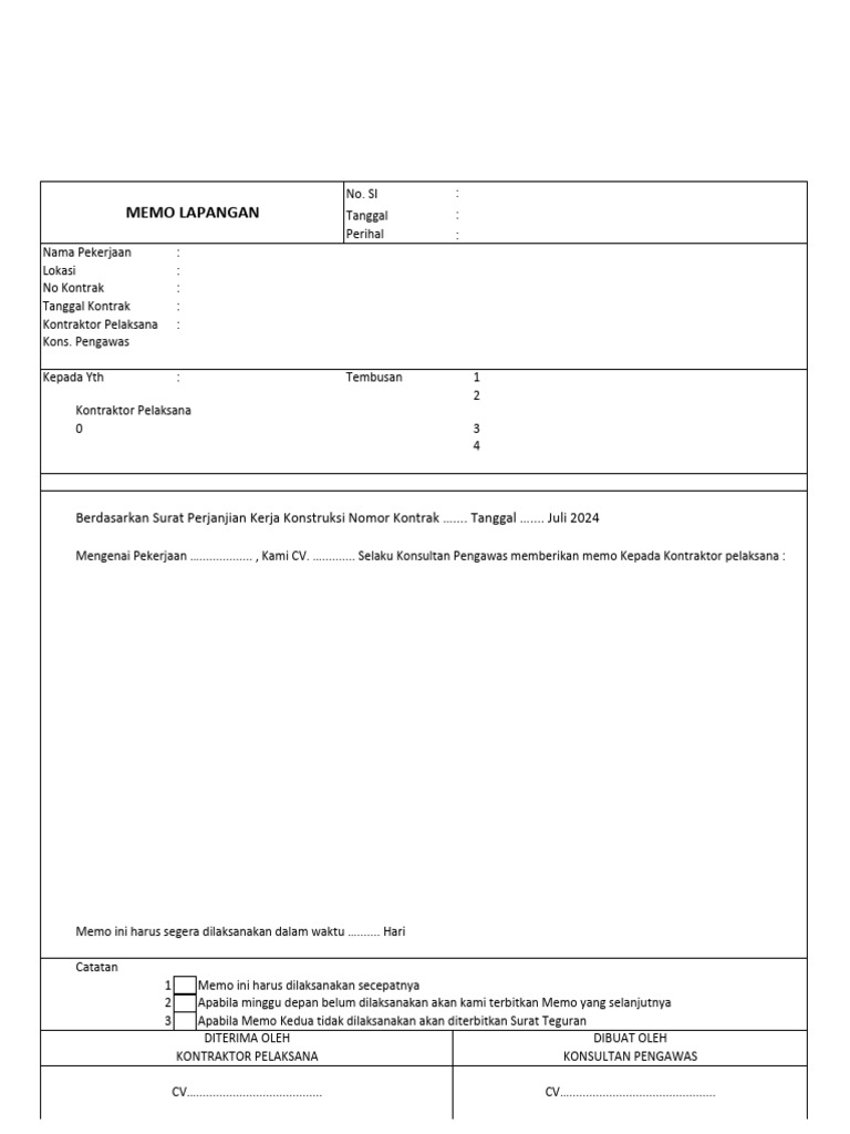 Format Memo Lapangan Proyek Konstruksi | PDF | Hukum