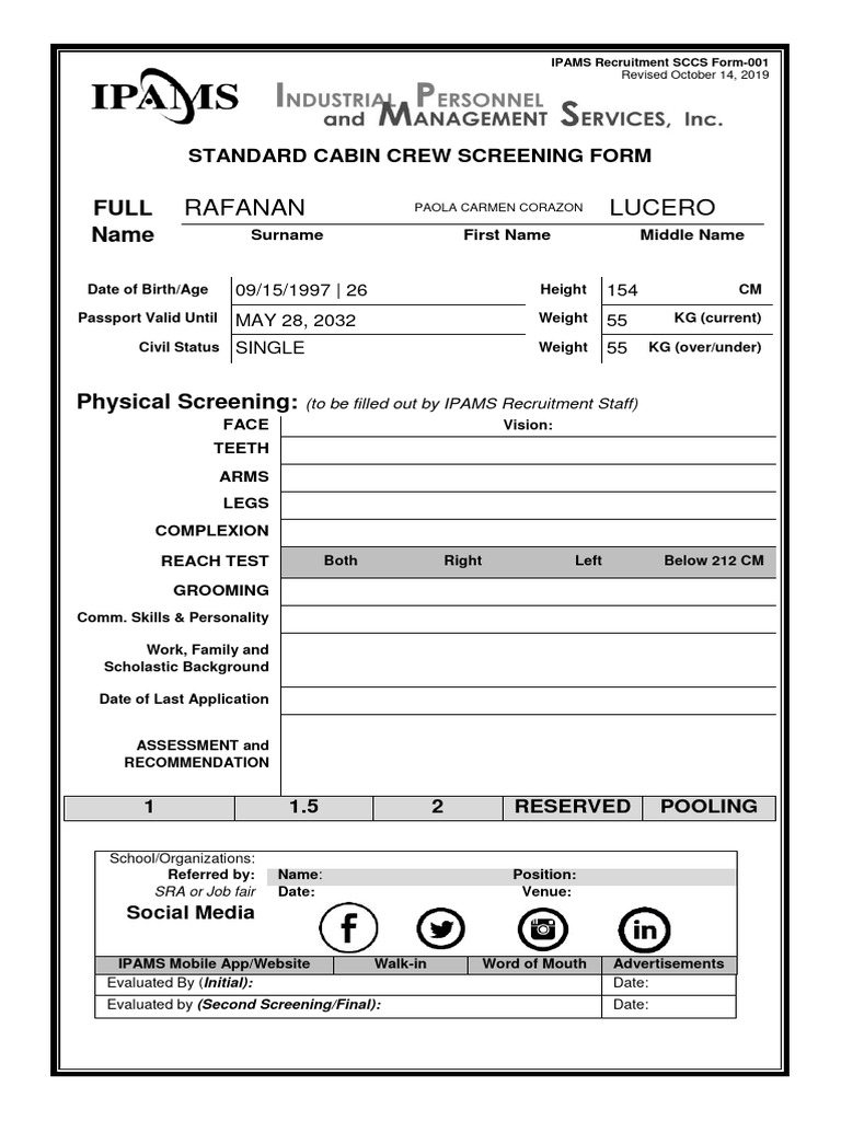 IPAMS Cabin Crew Evaluation Form | PDF | Screening (Medicine) | Clinical Medicine