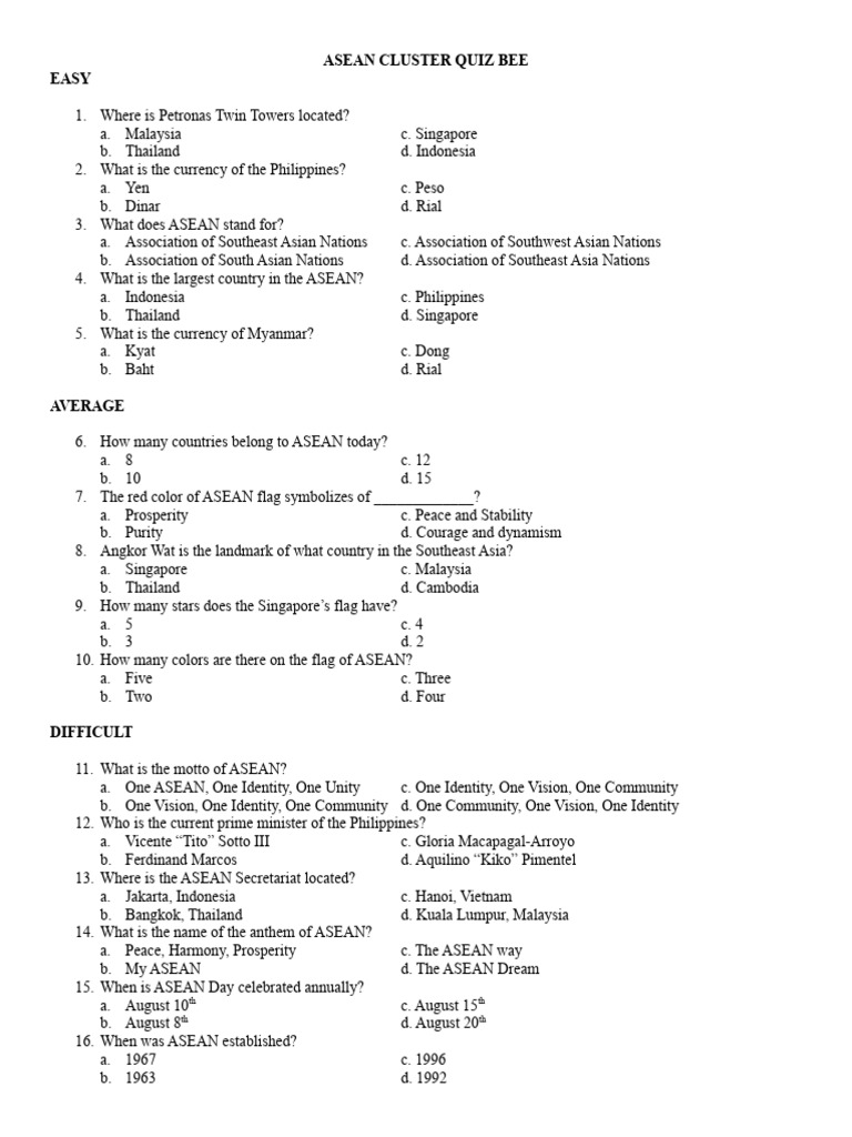 Asean Cluster Quiz Bee | PDF | Southeast Asia | Thailand