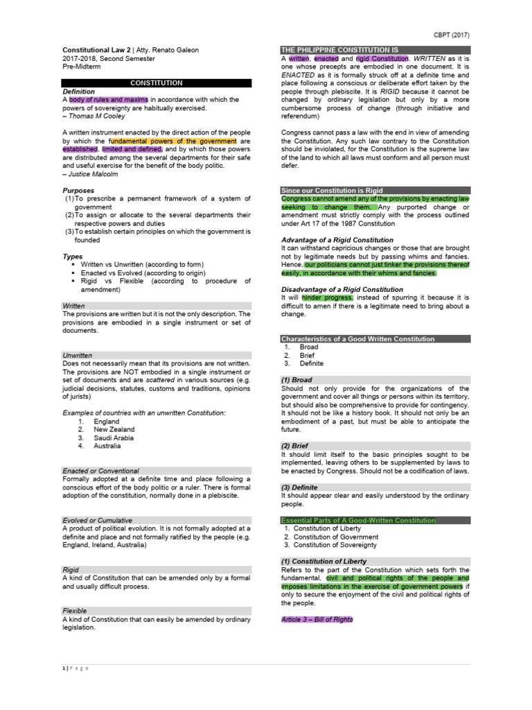 Constitutional Law 2 PreMid Notes | PDF | Constitution | Police Power ...