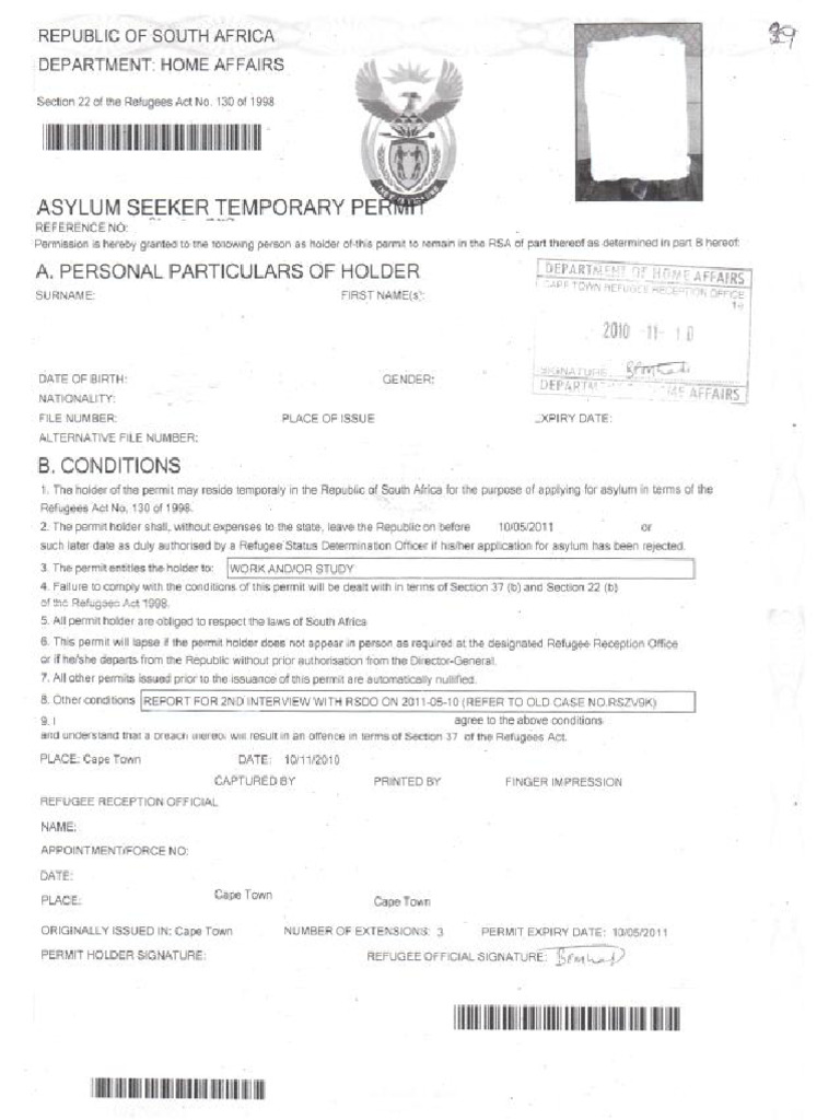 Section 22 Asylum Seeker Temporary Permit | PDF