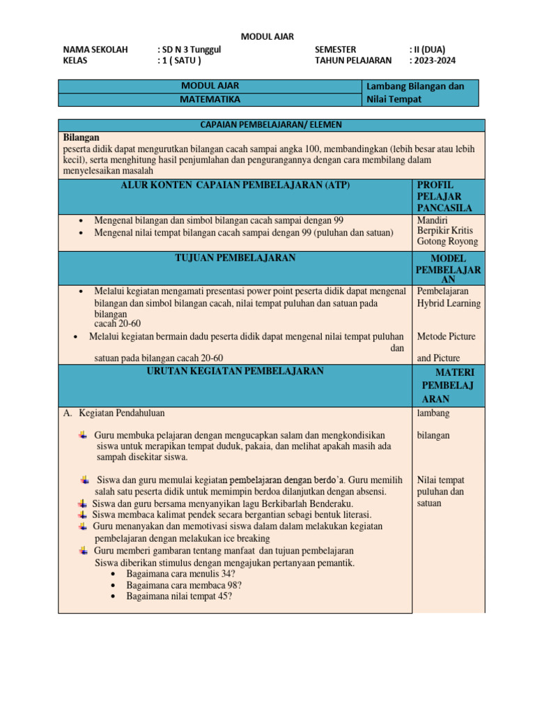 Modul Ajar Matematika - Bilangan Dan Nilai Tempat Suatu Bilangan - Fase A | PDF