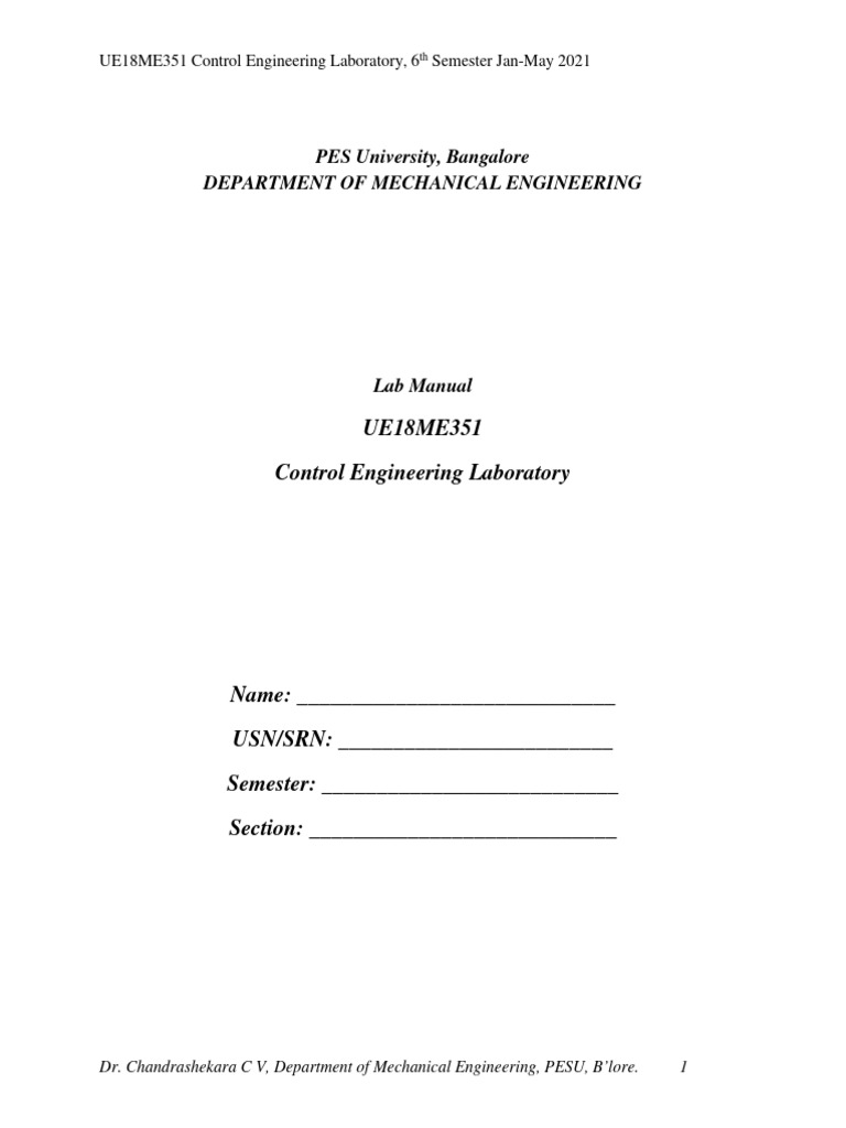 Control Engineering Lab Manual UE18ME351 | PDF | Laplace Transform ...