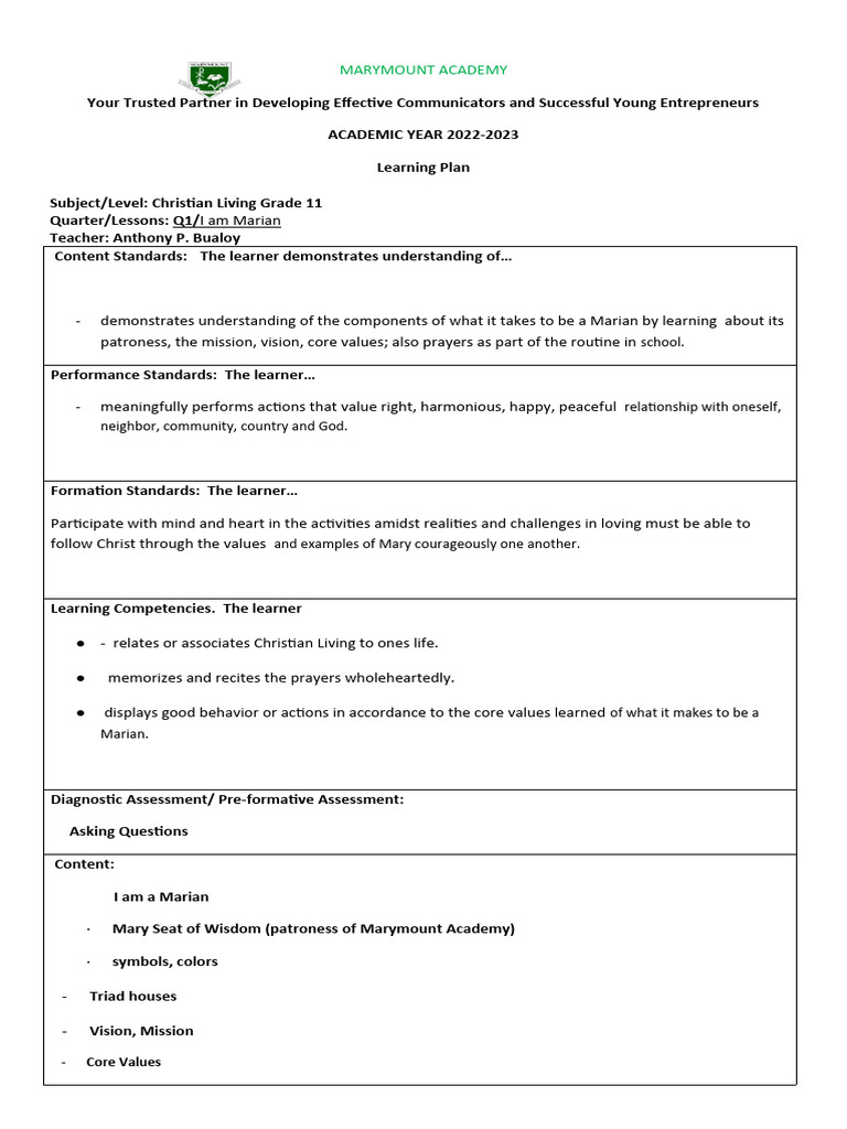 1st Quarter Week 1 Learning Plan 22-23 | PDF | Mary, Mother Of Jesus | Learning