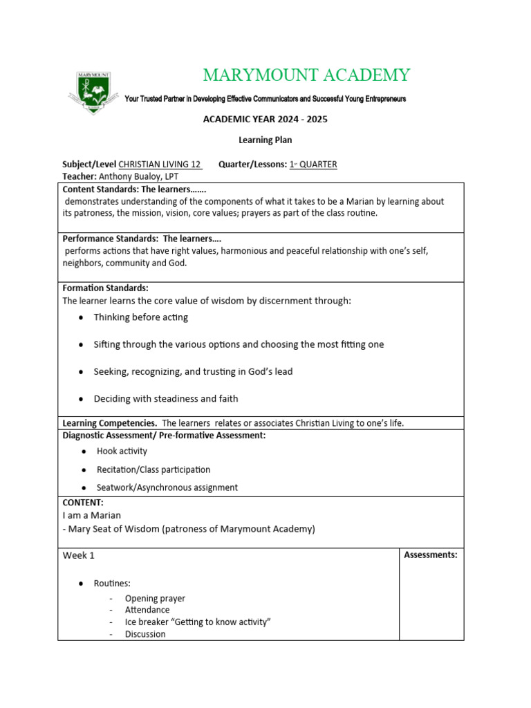 1st Quarter Lesson Plan Week 1 | PDF | Mary, Mother Of Jesus | Learning