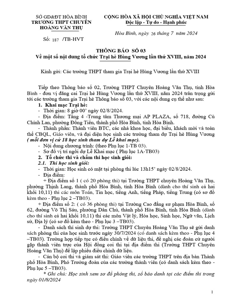 THÔNG BÁO SỐ 3-THHV-2024 | PDF