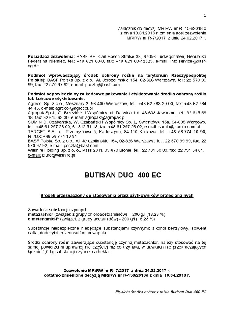 Butisan Duo 400 EC - ET 10-04-2018 | PDF